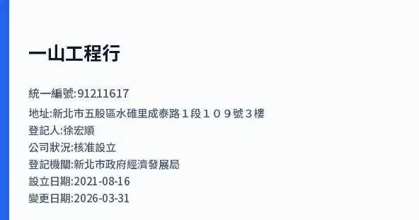 一山工程行的照片-統編 91211617(新北市) 公司登記資料與營業項目詳細圖表