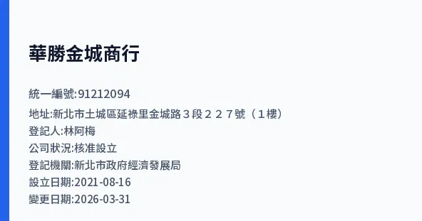 華勝金城商行的照片-統編 91212094(新北市) 公司登記資料與營業項目詳細圖表