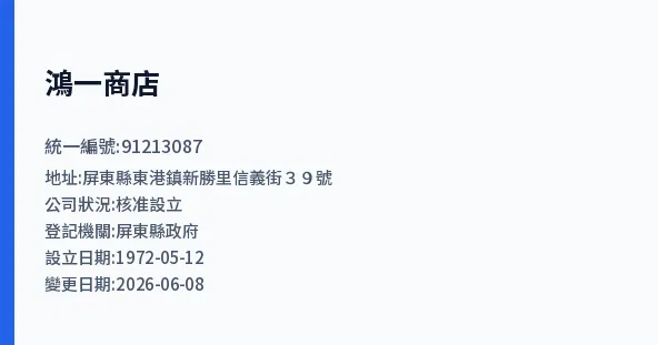 鴻一商店的照片-統編 91213087(屏東縣) 公司登記資料與營業項目詳細圖表