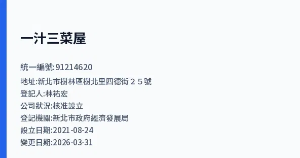 一汁三菜屋的照片-統編 91214620(新北市) 公司登記資料與營業項目詳細圖表