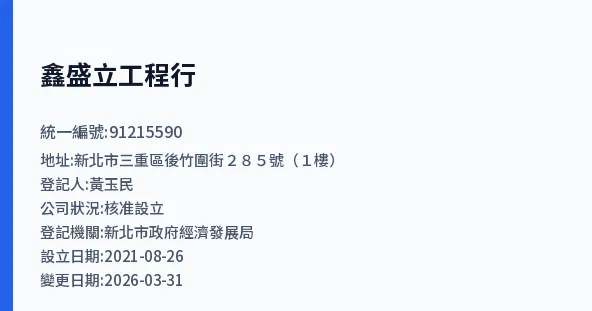 鑫盛立工程行的照片-統編 91215590(新北市) 公司登記資料與營業項目詳細圖表