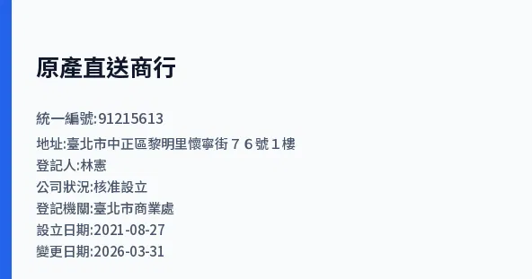 原產直送商行的照片-統編 91215613(臺北市) 公司登記資料與營業項目詳細圖表