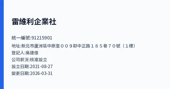 雷維利企業社的照片-統編 91215901(新北市) 公司登記資料與營業項目詳細圖表