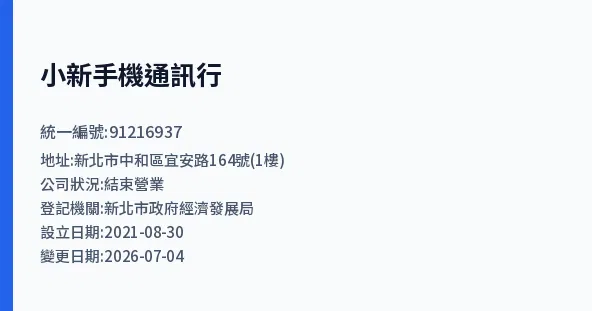 小新手機通訊行的照片-統編 91216937(新北市) 公司登記資料與營業項目詳細圖表