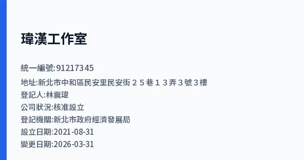 瑋漢工作室的照片-統編 91217345(新北市) 公司登記資料與營業項目詳細圖表