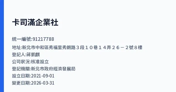 卡司滿企業社的照片-統編 91217788(新北市) 公司登記資料與營業項目詳細圖表