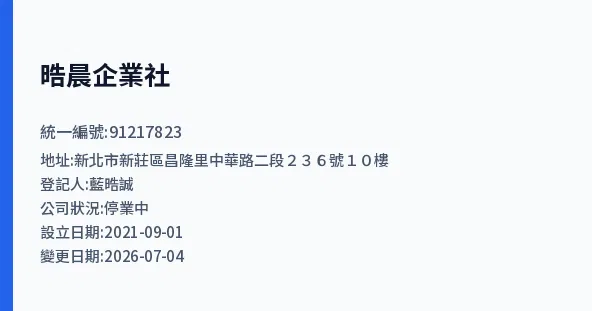 晧晨企業社的照片-統編 91217823(新北市) 公司登記資料與營業項目詳細圖表