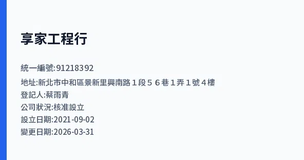 享家工程行的照片-統編 91218392(新北市) 公司登記資料與營業項目詳細圖表