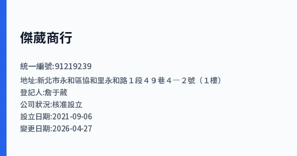 傑葳商行的照片-統編 91219239(新北市) 公司登記資料與營業項目詳細圖表