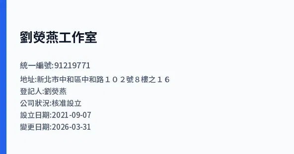 劉熒燕工作室的照片-統編 91219771(新北市) 公司登記資料與營業項目詳細圖表