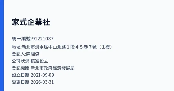 家式企業社的照片-統編 91221087(新北市) 公司登記資料與營業項目詳細圖表