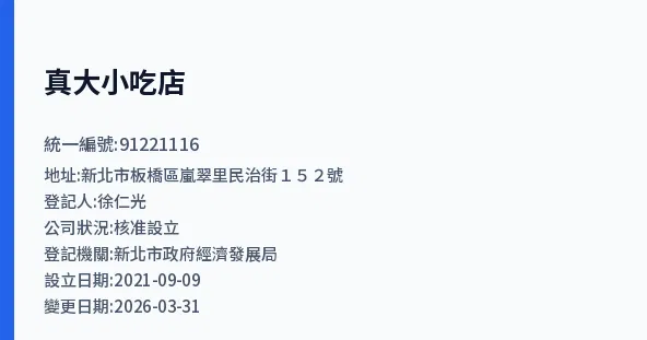 真大小吃店的照片-統編 91221116(新北市) 公司登記資料與營業項目詳細圖表