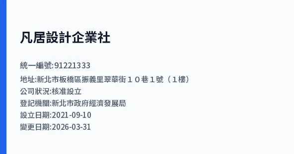凡居設計企業社的照片-統編 91221333(新北市) 公司登記資料與營業項目詳細圖表