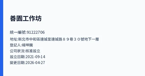 善園工作坊的照片-統編 91222706(新北市) 公司登記資料與營業項目詳細圖表