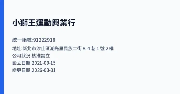 小獅王運動興業行的照片-統編 91222918(新北市) 公司登記資料與營業項目詳細圖表
