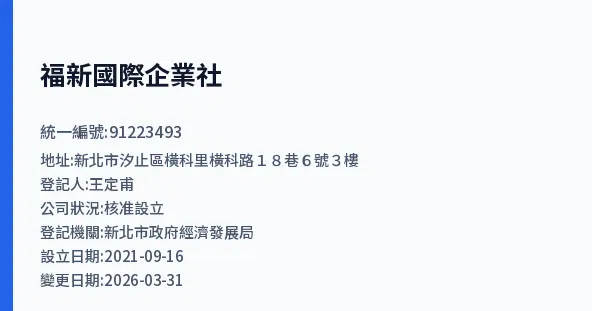 福新國際企業社的照片-統編 91223493(新北市) 公司登記資料與營業項目詳細圖表