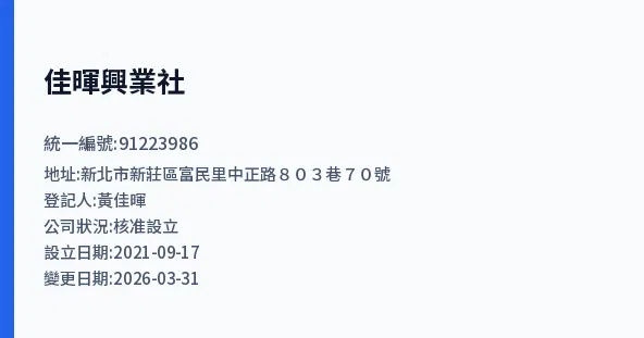 佳暉興業社的照片-統編 91223986(新北市) 公司登記資料與營業項目詳細圖表