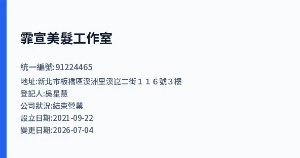 霏宣美髮工作室的照片-統編 91224465(新北市) 公司登記資料與營業項目詳細圖表
