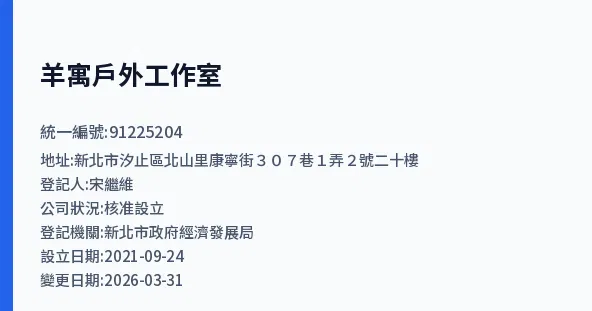 羊寓戶外工作室的照片-統編 91225204(新北市) 公司登記資料與營業項目詳細圖表