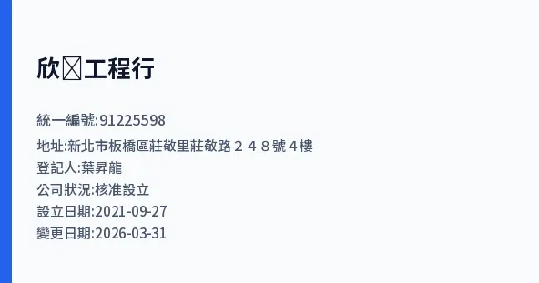 欣湰工程行的照片-統編 91225598(新北市) 公司登記資料與營業項目詳細圖表
