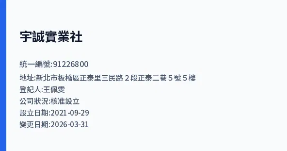 宇誠實業社的照片-統編 91226800(新北市) 公司登記資料與營業項目詳細圖表