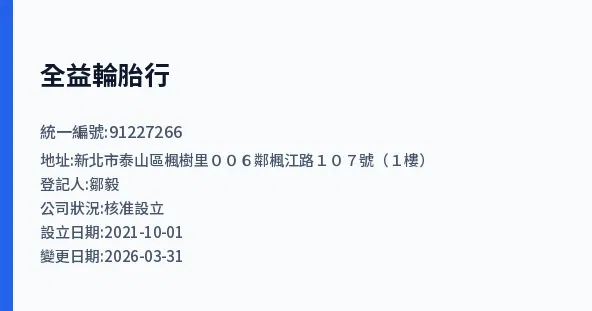全益輪胎行的照片-統編 91227266(新北市) 公司登記資料與營業項目詳細圖表