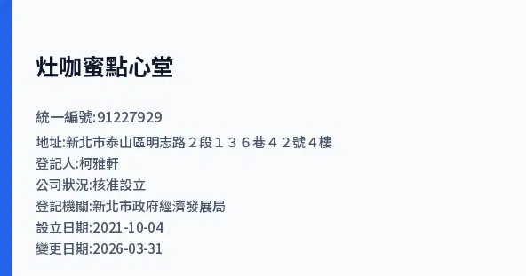 灶咖蜜點心堂的照片-統編 91227929(新北市) 公司登記資料與營業項目詳細圖表