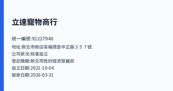 立達寵物商行的照片-統編 91227940(新北市) 公司登記資料與營業項目詳細圖表