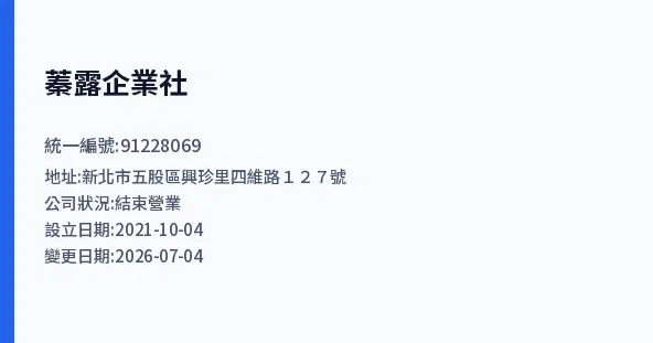 蓁露企業社的照片-統編 91228069(新北市) 公司登記資料與營業項目詳細圖表