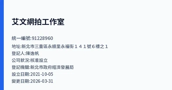 艾文網拍工作室的照片-統編 91228960(新北市) 公司登記資料與營業項目詳細圖表