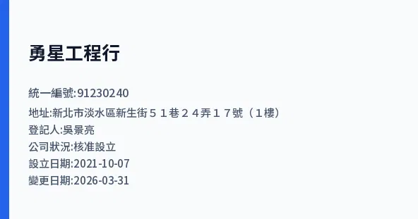 勇星工程行的照片-統編 91230240(新北市) 公司登記資料與營業項目詳細圖表