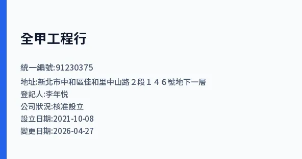 全甲工程行的照片-統編 91230375(新北市) 公司登記資料與營業項目詳細圖表