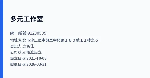 多元工作室的照片-統編 91230585(新北市) 公司登記資料與營業項目詳細圖表
