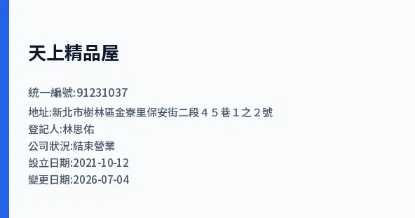 天上精品屋的照片-統編 91231037(新北市) 公司登記資料與營業項目詳細圖表