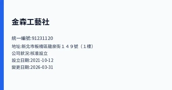 金森工藝社的照片-統編 91231120(新北市) 公司登記資料與營業項目詳細圖表