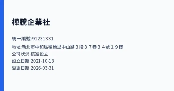 樺騰企業社的照片-統編 91231331(新北市) 公司登記資料與營業項目詳細圖表
