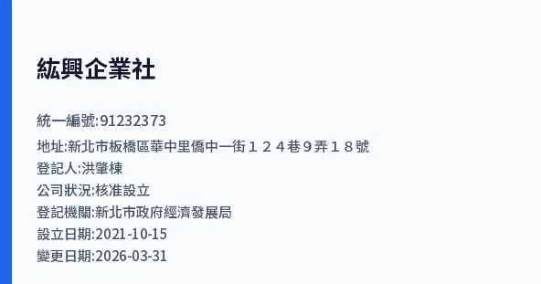 紘興企業社的照片-統編 91232373(新北市) 公司登記資料與營業項目詳細圖表
