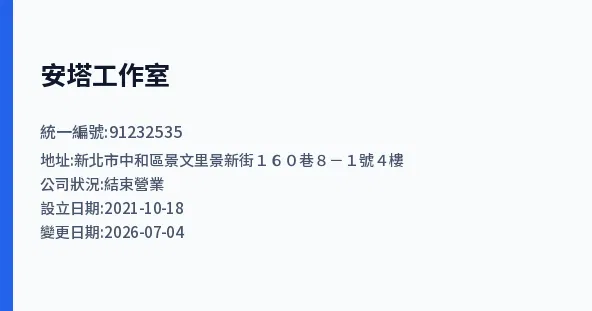 安塔工作室的照片-統編 91232535(新北市) 公司登記資料與營業項目詳細圖表