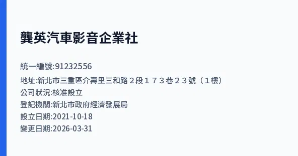 龔英汽車影音企業社的照片-統編 91232556(新北市) 公司登記資料與營業項目詳細圖表