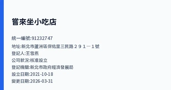 嘗來坐小吃店的照片-統編 91232747(新北市) 公司登記資料與營業項目詳細圖表