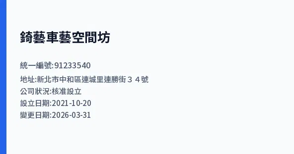 錡藝車藝空間坊的照片-統編 91233540(新北市) 公司登記資料與營業項目詳細圖表