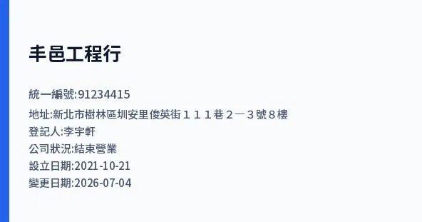 丰邑工程行的照片-統編 91234415(新北市) 公司登記資料與營業項目詳細圖表