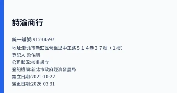 詩渝商行的照片-統編 91234597(新北市) 公司登記資料與營業項目詳細圖表