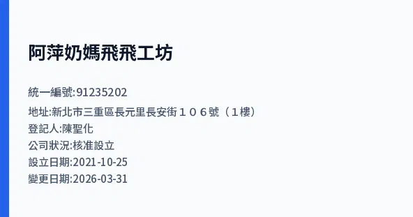 阿萍奶媽飛飛工坊的照片-統編 91235202(新北市) 公司登記資料與營業項目詳細圖表