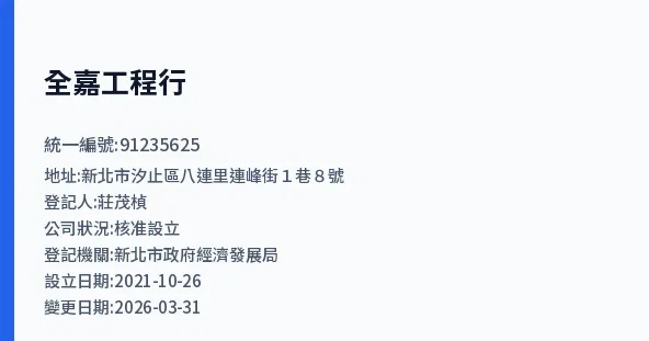 全嘉工程行的照片-統編 91235625(新北市) 公司登記資料與營業項目詳細圖表