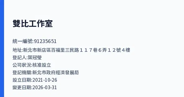雙比工作室的照片-統編 91235651(新北市) 公司登記資料與營業項目詳細圖表