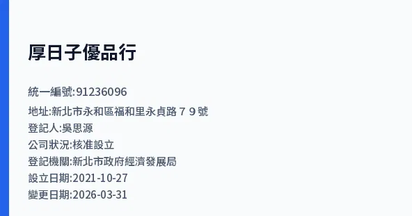 厚日子優品行的照片-統編 91236096(新北市) 公司登記資料與營業項目詳細圖表