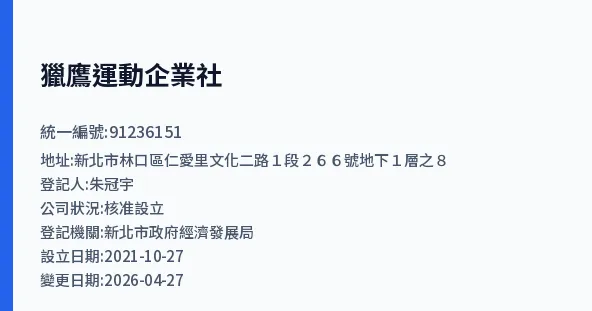 獵鷹運動企業社的照片-統編 91236151(新北市) 公司登記資料與營業項目詳細圖表