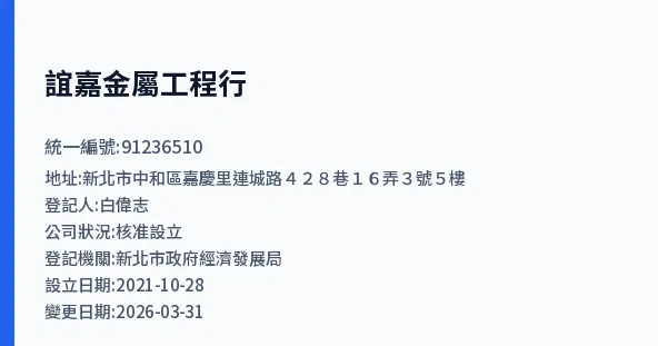誼嘉金屬工程行的照片-統編 91236510(新北市) 公司登記資料與營業項目詳細圖表