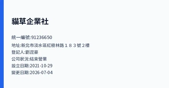 貓草企業社的照片-統編 91236650(新北市) 公司登記資料與營業項目詳細圖表